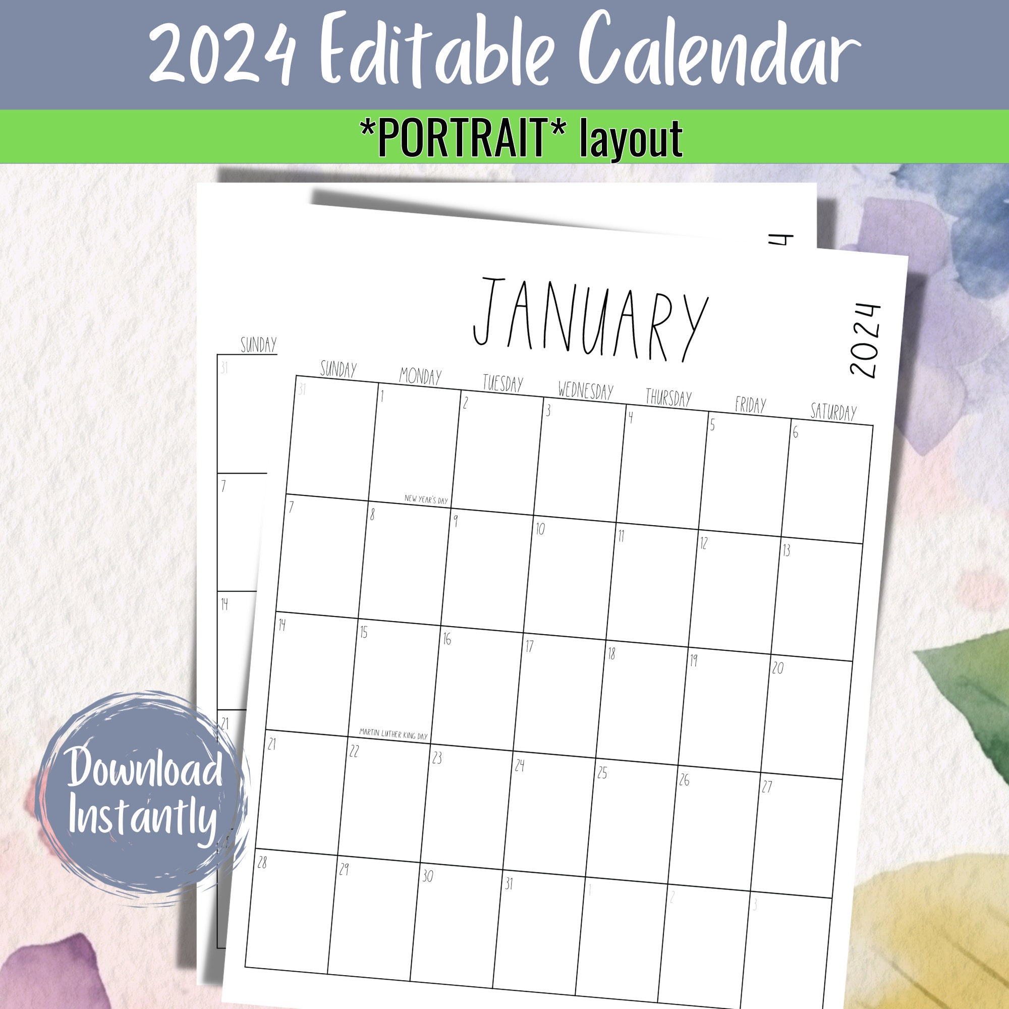 2024 Portrait Printable Calendar Template Family Organizer Monthly ...