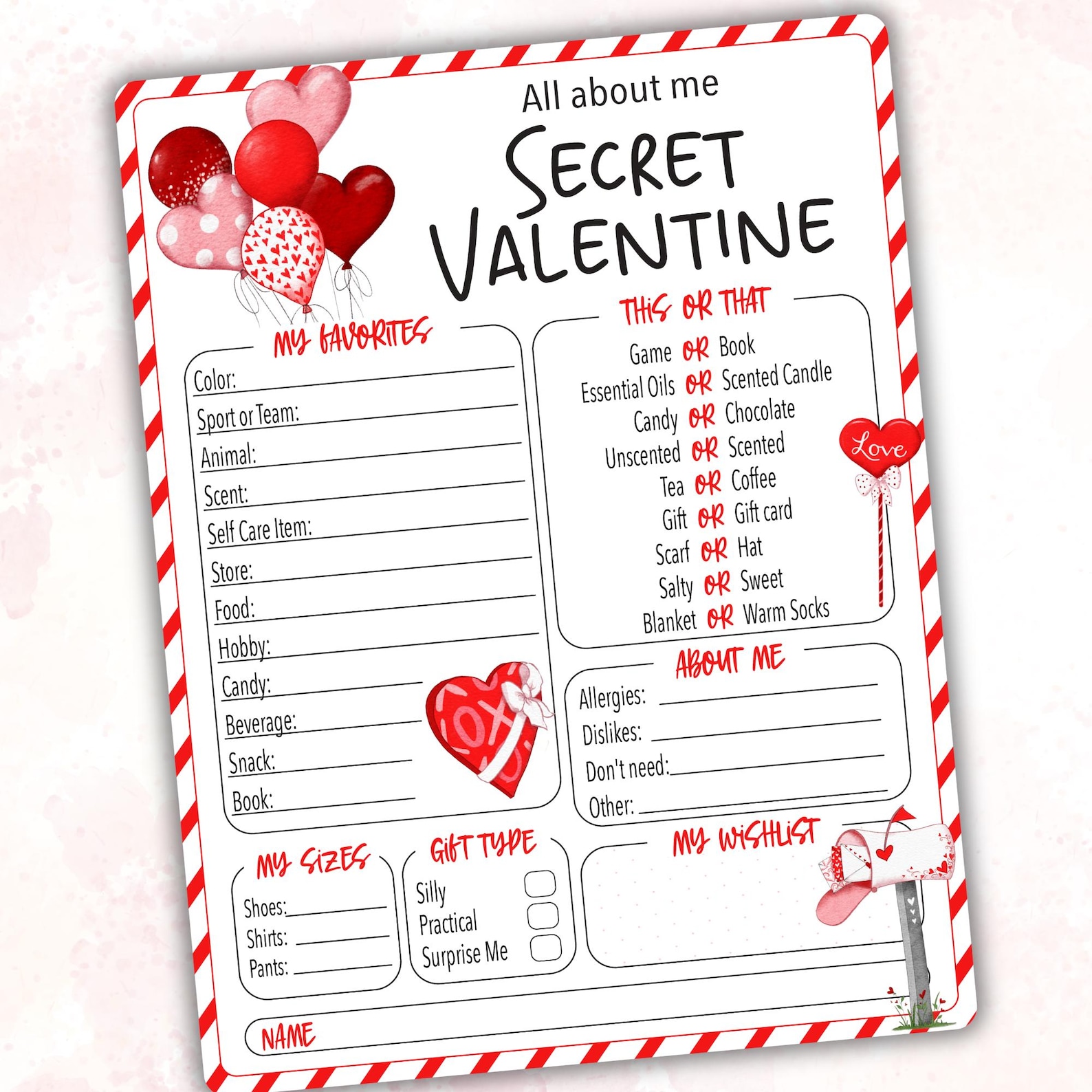 Red Secret Valentine Questionnaire Form | Secret Valentine Gift ...