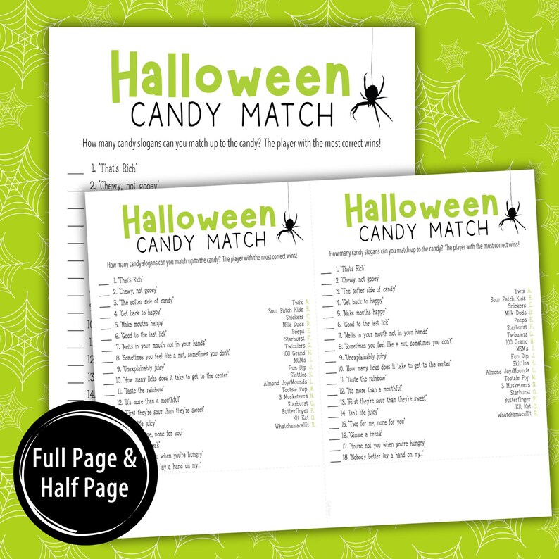 Halloween Candy Match Game | PDF Halloween Party Game | Candy Slogans ...