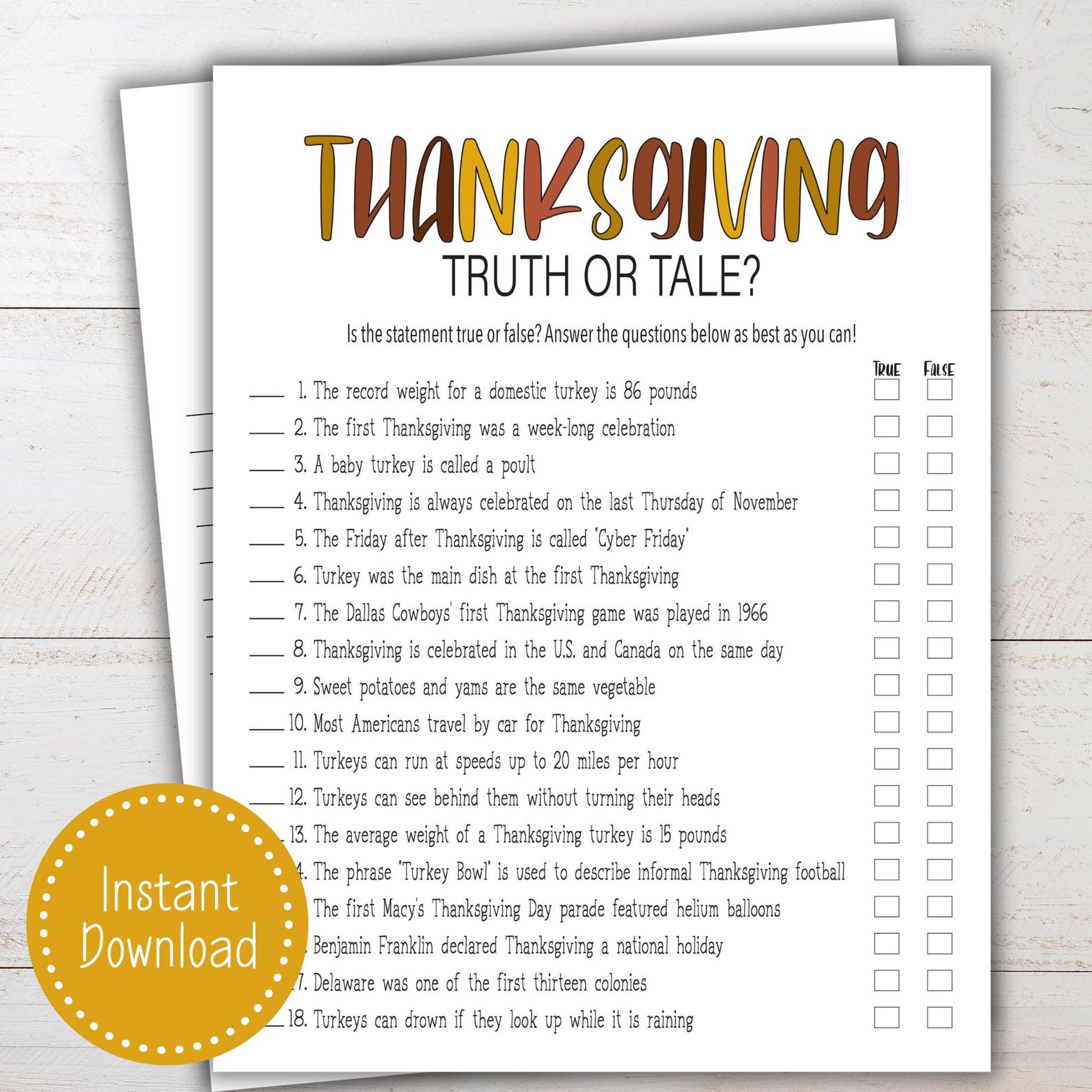Thanksgiving True or False Questions Thanksgiving Game Night ...