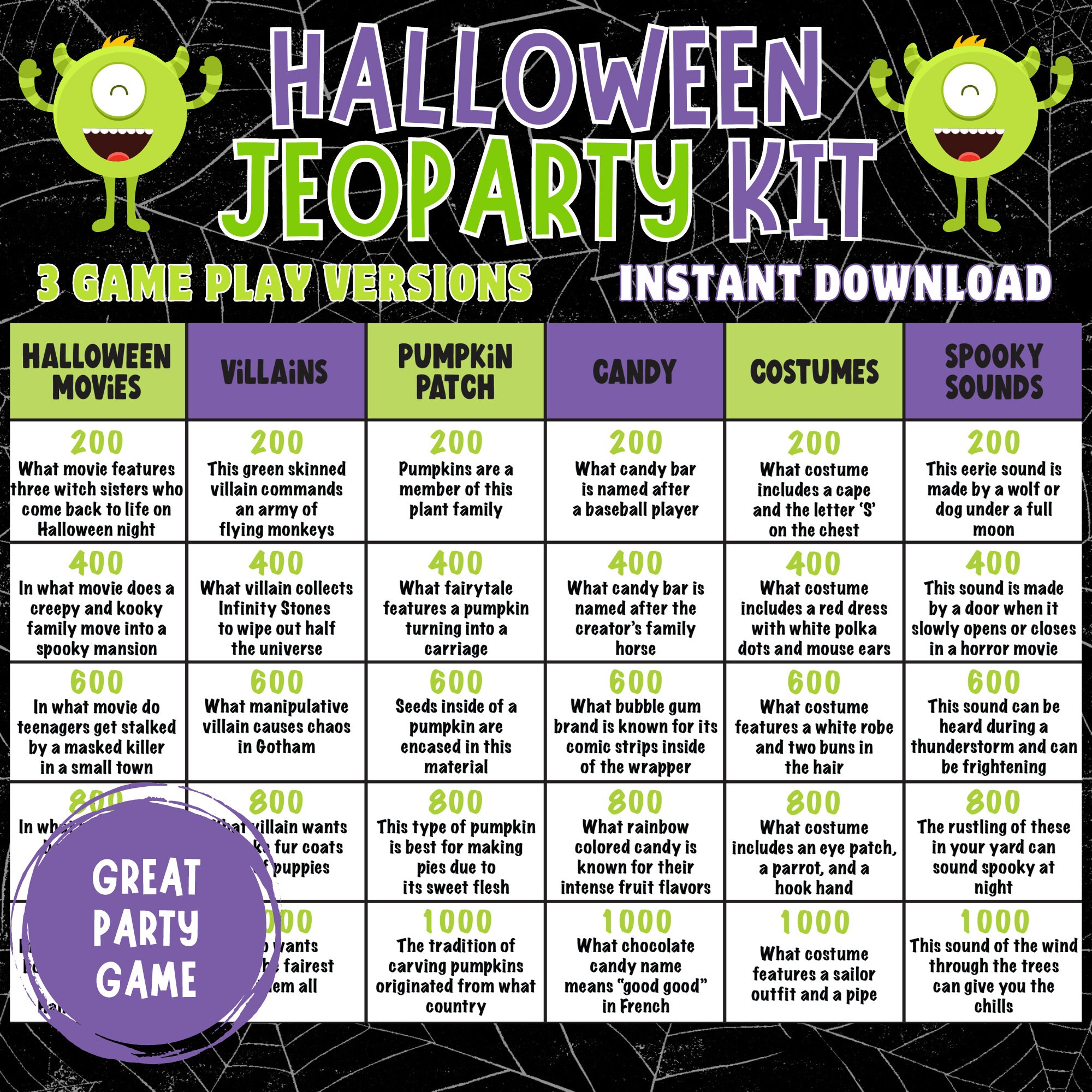 Halloween Jeopardy Game Halloween Family Game Printable Halloween Party ...