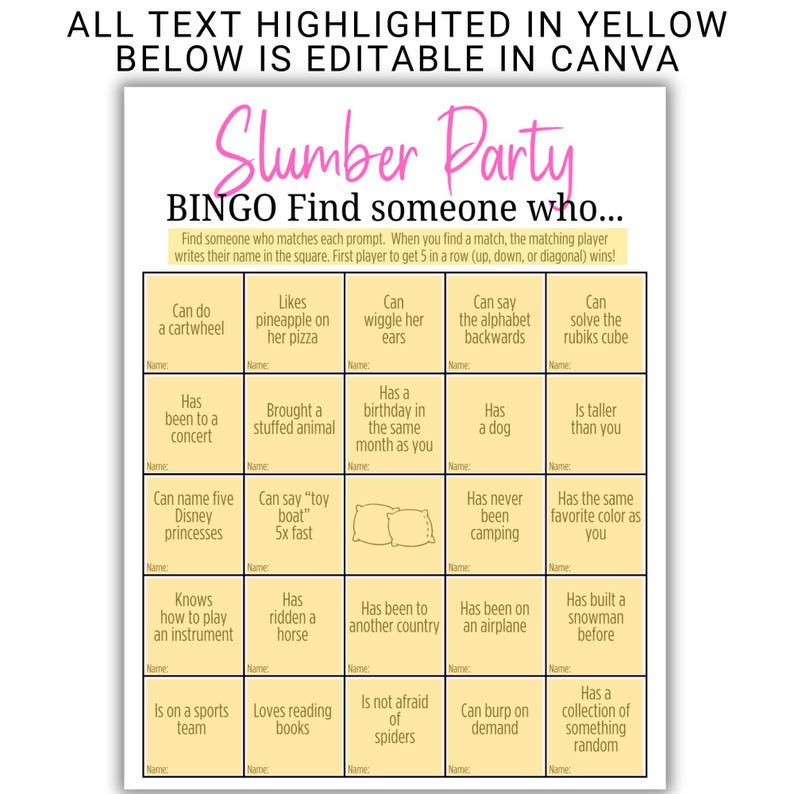 Fun Printable Editable Slumber Party Find Someone Who Bingo | Girl Teen ...