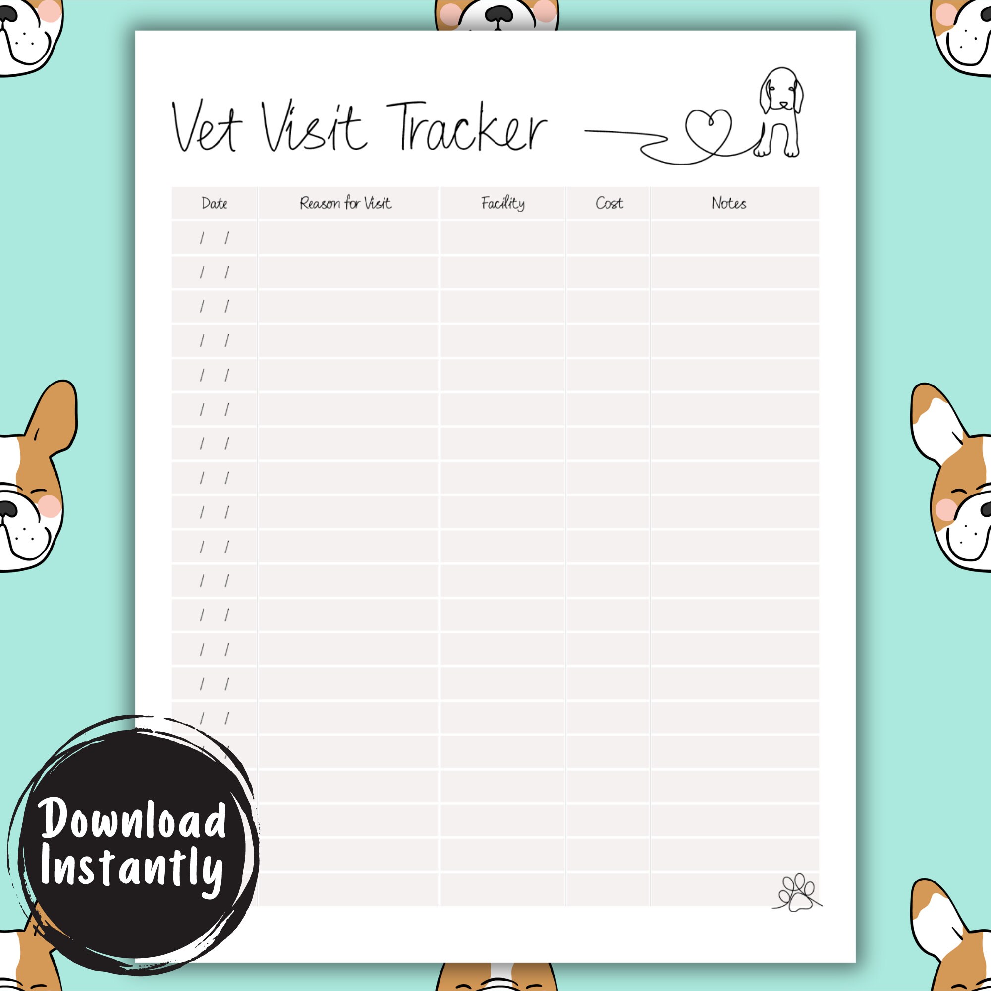 Vet Visit Tracker | Printable Puppy Vet Visit Log | Puppy Printable ...