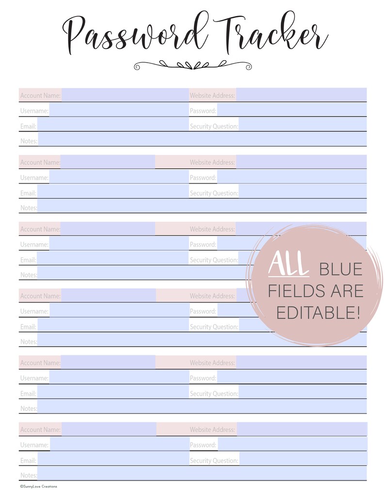 Printable Password Tracker | Editable Password Tracker | Password Log ...
