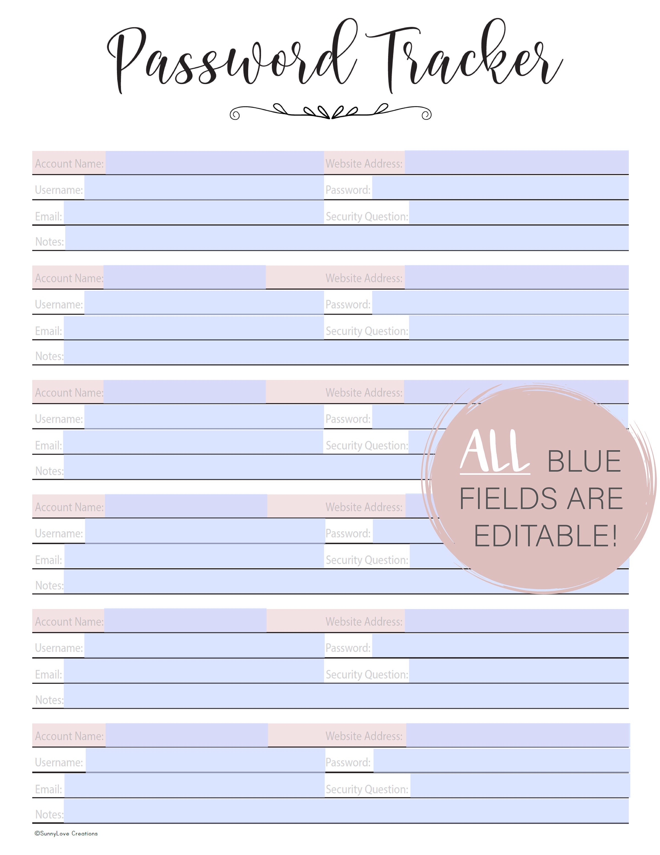 Printable Password Tracker Editable Password Tracker Password Log ...