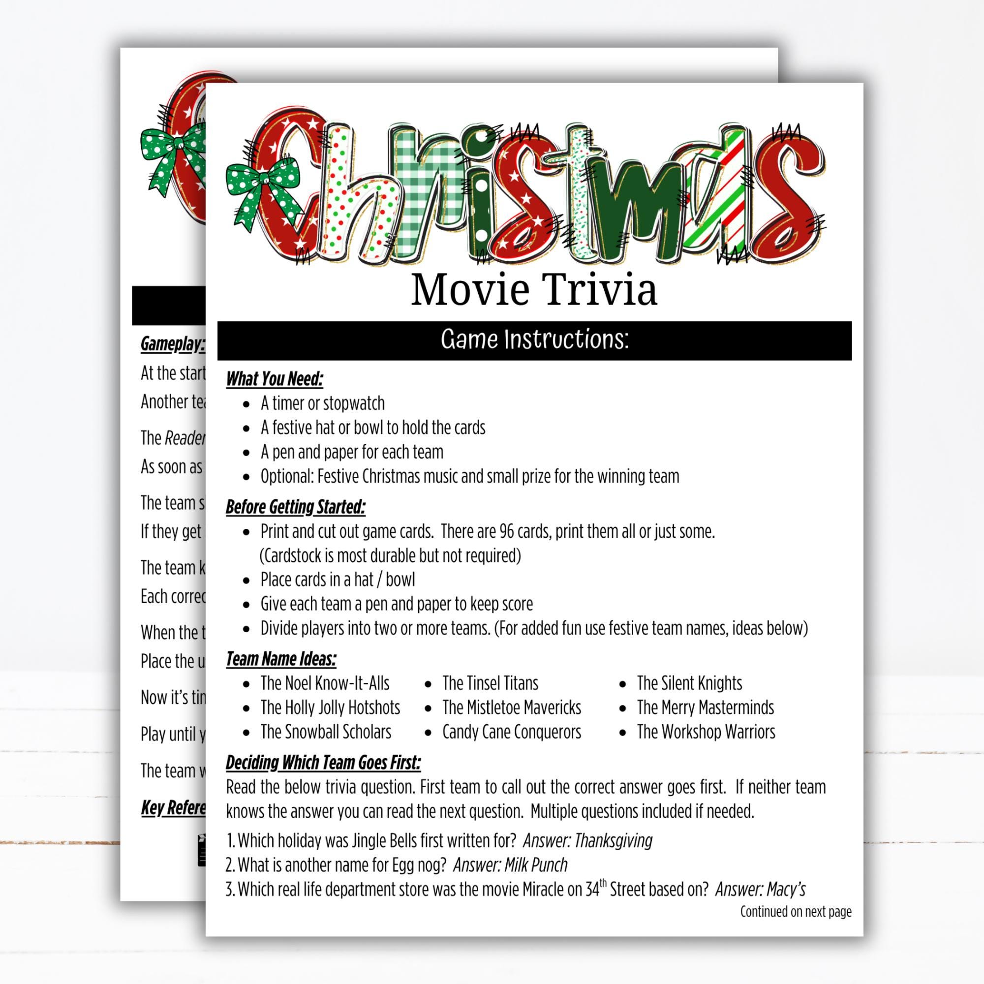 Christmas Movie Trivia Game Printable | Holiday Party Game for Family ...
