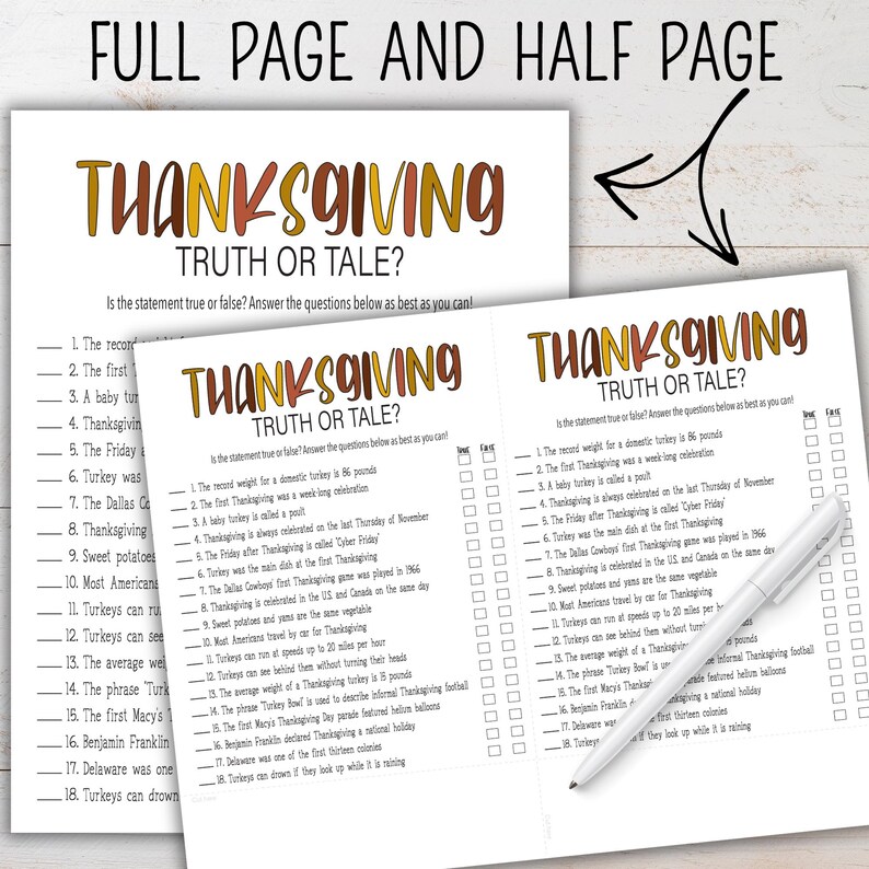 Thanksgiving True or False Questions Thanksgiving Game Night ...
