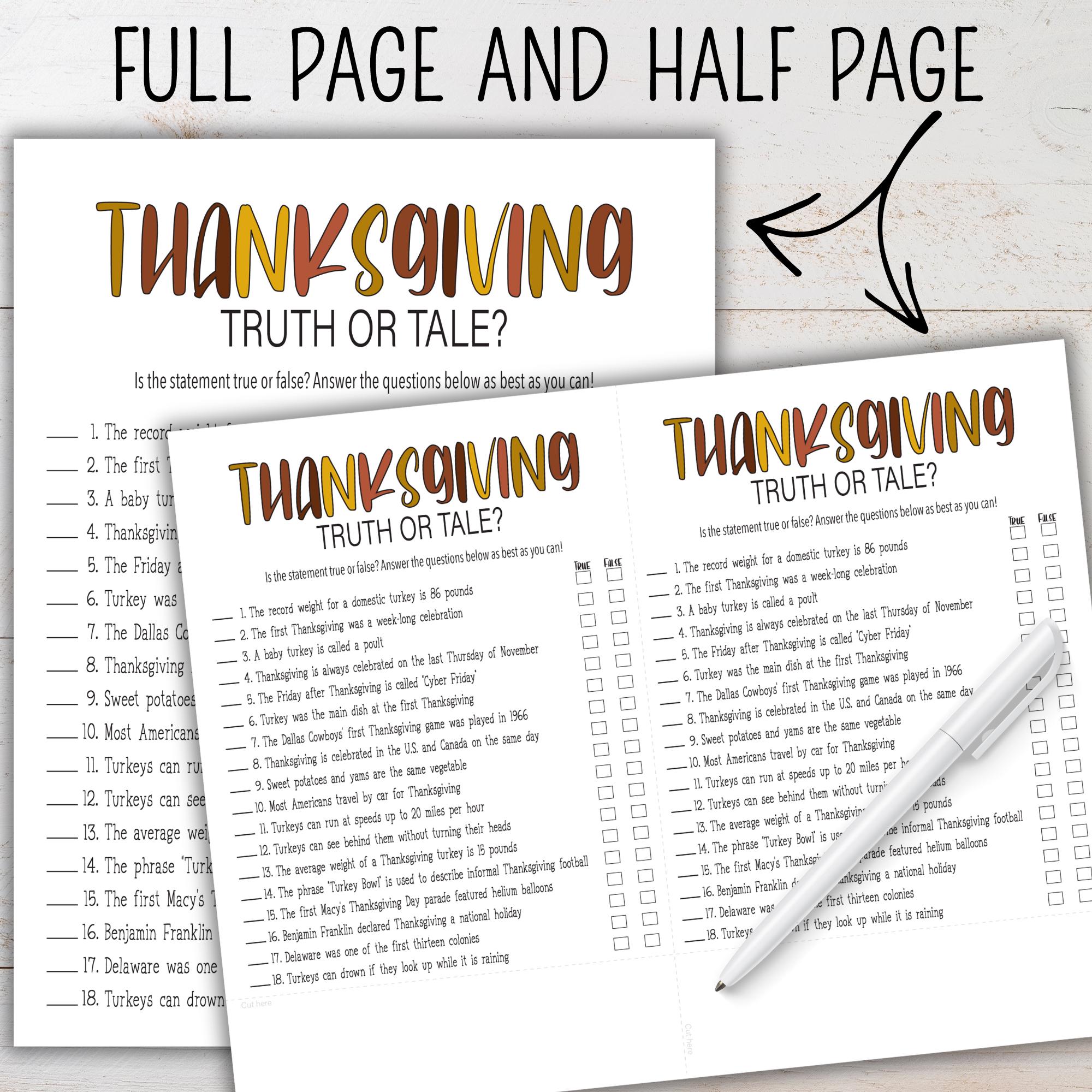 Thanksgiving True or False Questions Thanksgiving Game Night ...