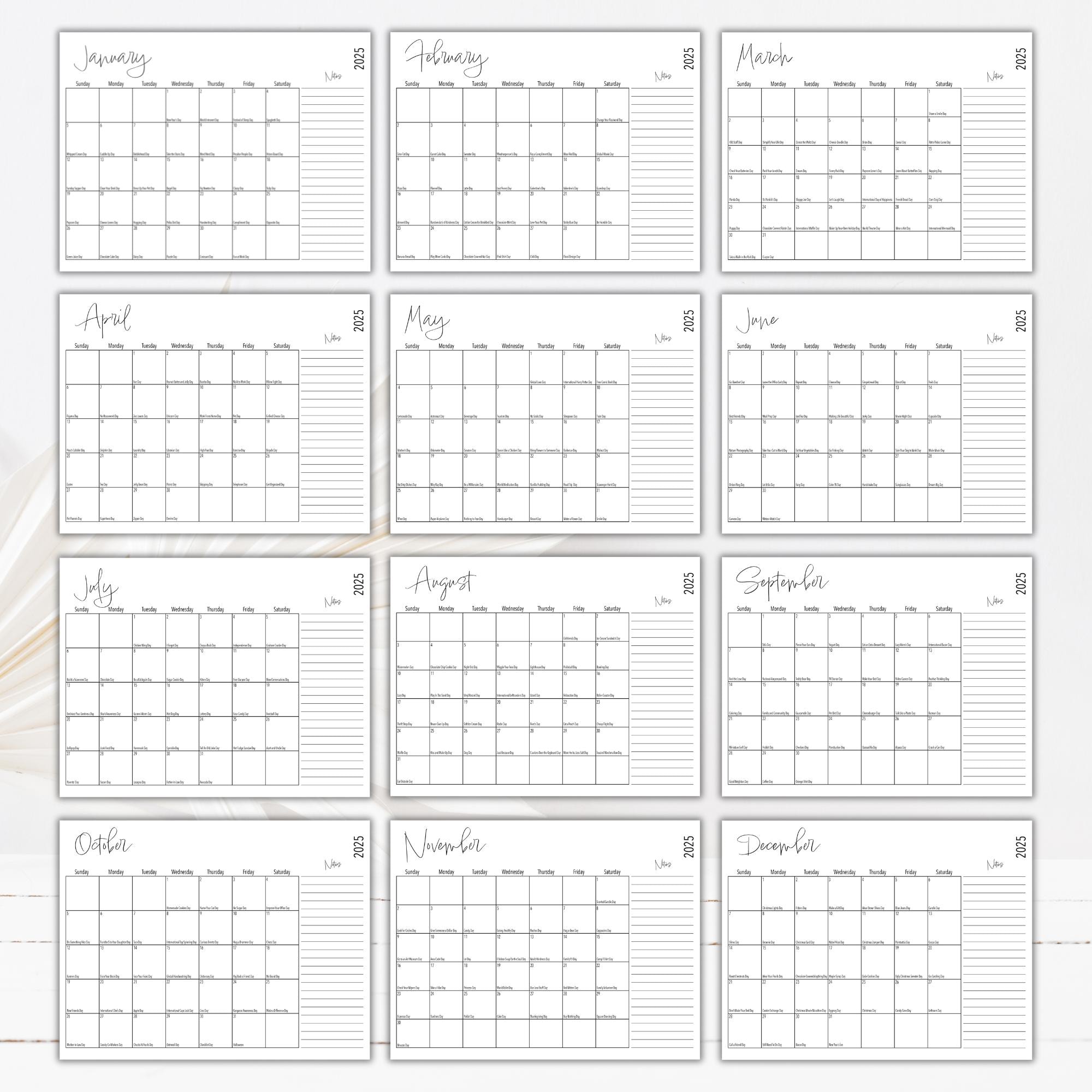 Printable Editable 2025 12-month Fillable Calendar With Fun National ...