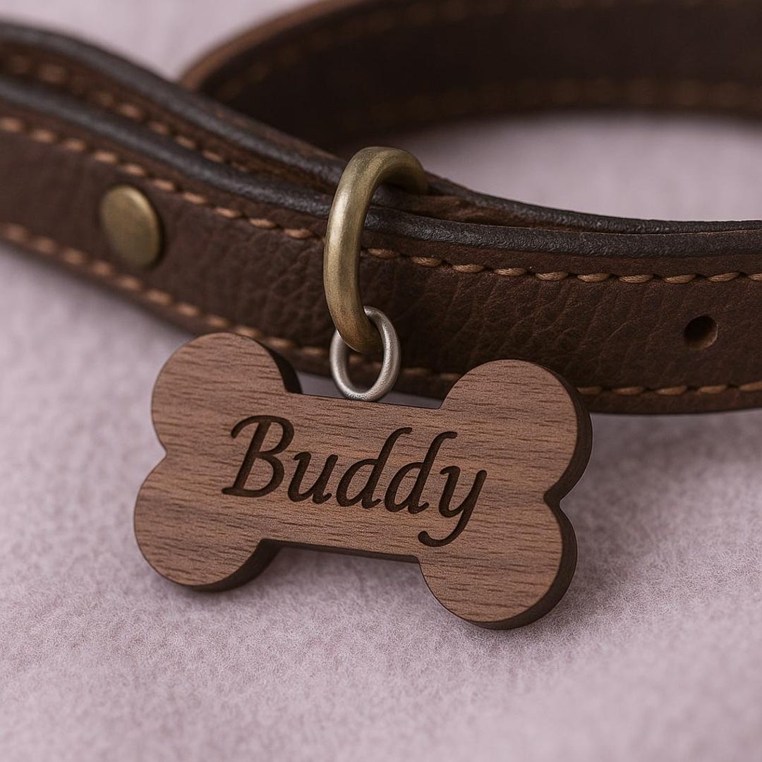 Natural Wood Dog Name Tag – Personalized Pet Name & Contact Info ...
