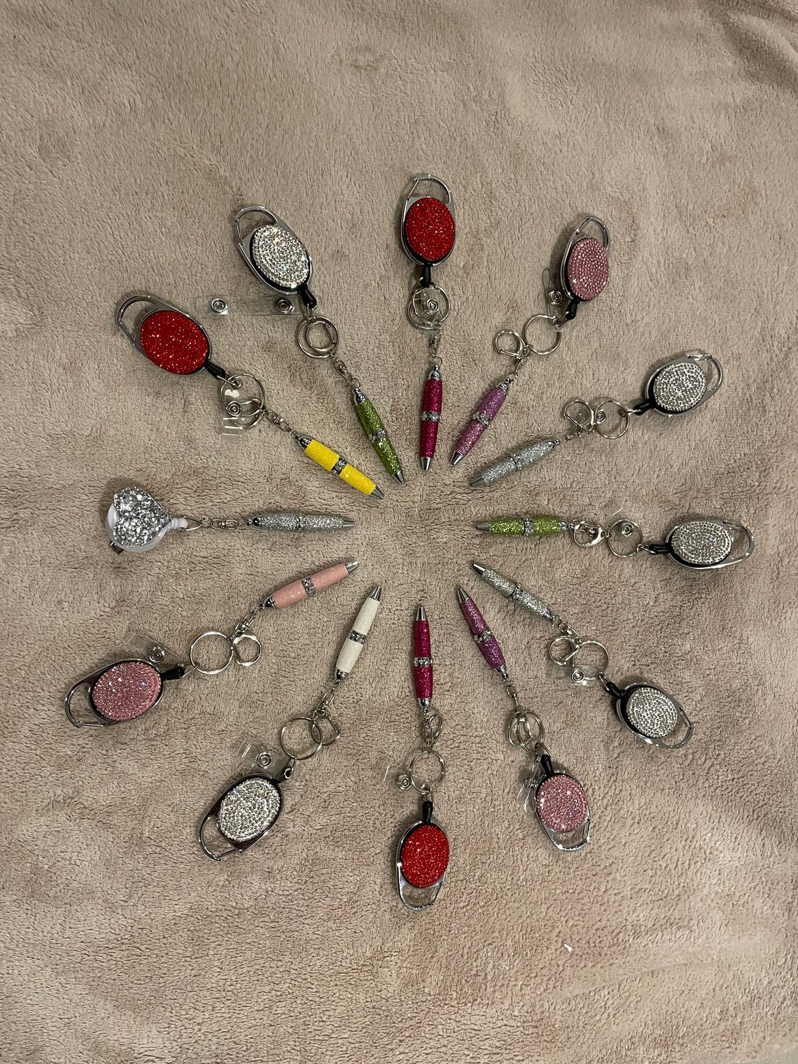 Mini Bling Glitter Ball Pen on Retractable Pull Keychain, ID Lanyard ...