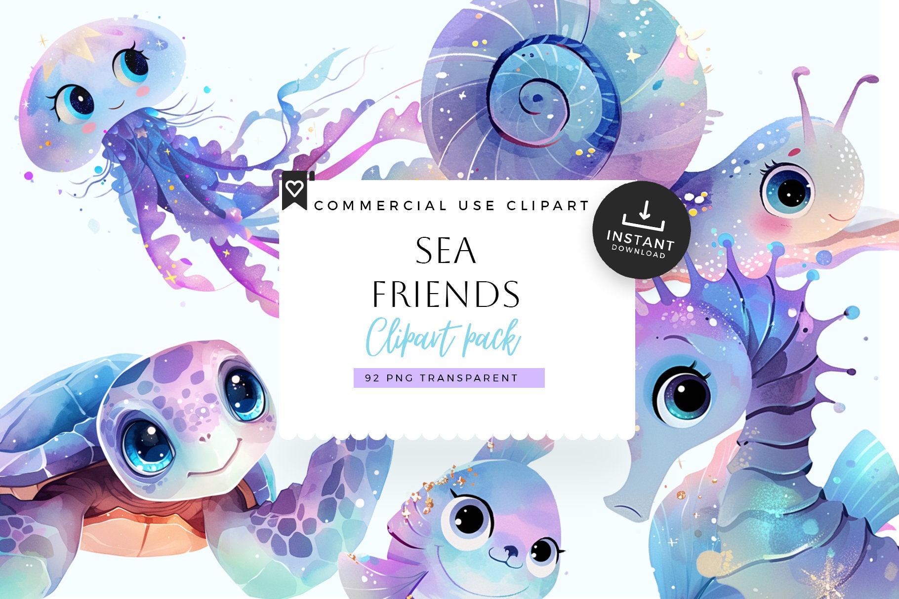 Sea Animals Clipart, Turtle, Sea Horse, Dolphin, Shark, Crib, Fish ...