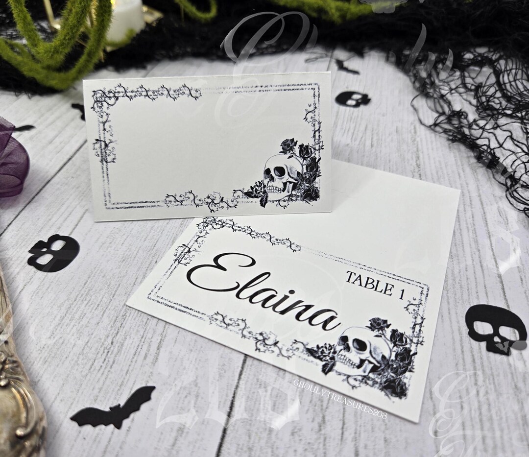 Skull Black Roses Vines Name Table Placement Card Halloween Gothic ...