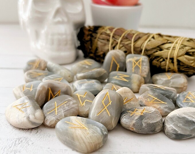 Black Moonstone Runes | Moonstone Rune Stones Set | Set of 25 Elder ...