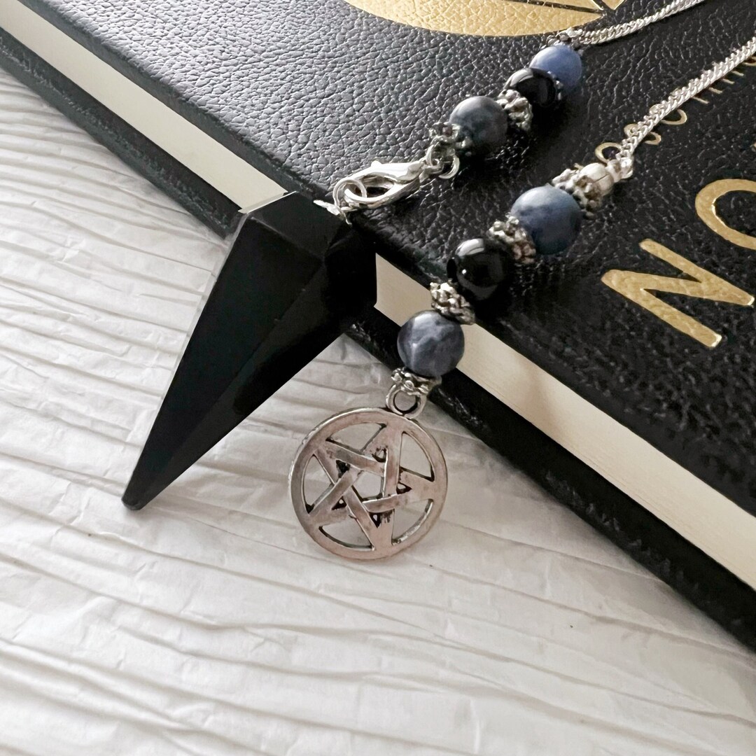 Obsidian Pendulum With Sodalite & Pentacle Charm | Hexagonal 6 Sided Obsidian Dowsing Pendulum ...
