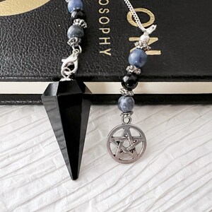 Obsidian Pendulum With Sodalite & Pentacle Charm | Hexagonal 6 Sided Obsidian Dowsing Pendulum ...