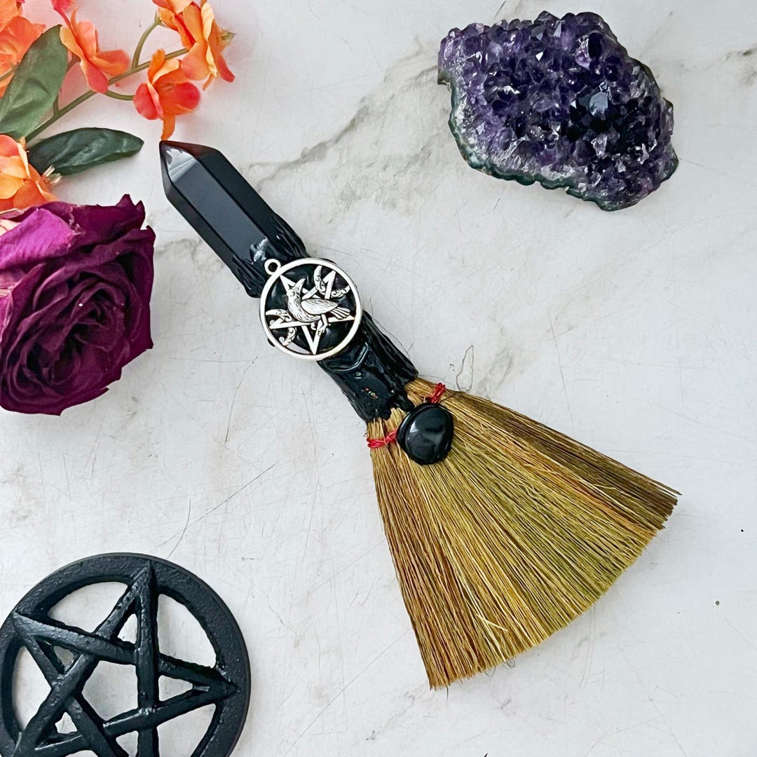 Small Black Obsidian Besom | Pentacle & Crow Witch Ritual Broom, Altar ...