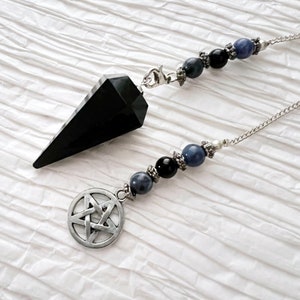 Obsidian Pendulum With Sodalite & Pentacle Charm | Hexagonal 6 Sided Obsidian Dowsing Pendulum ...