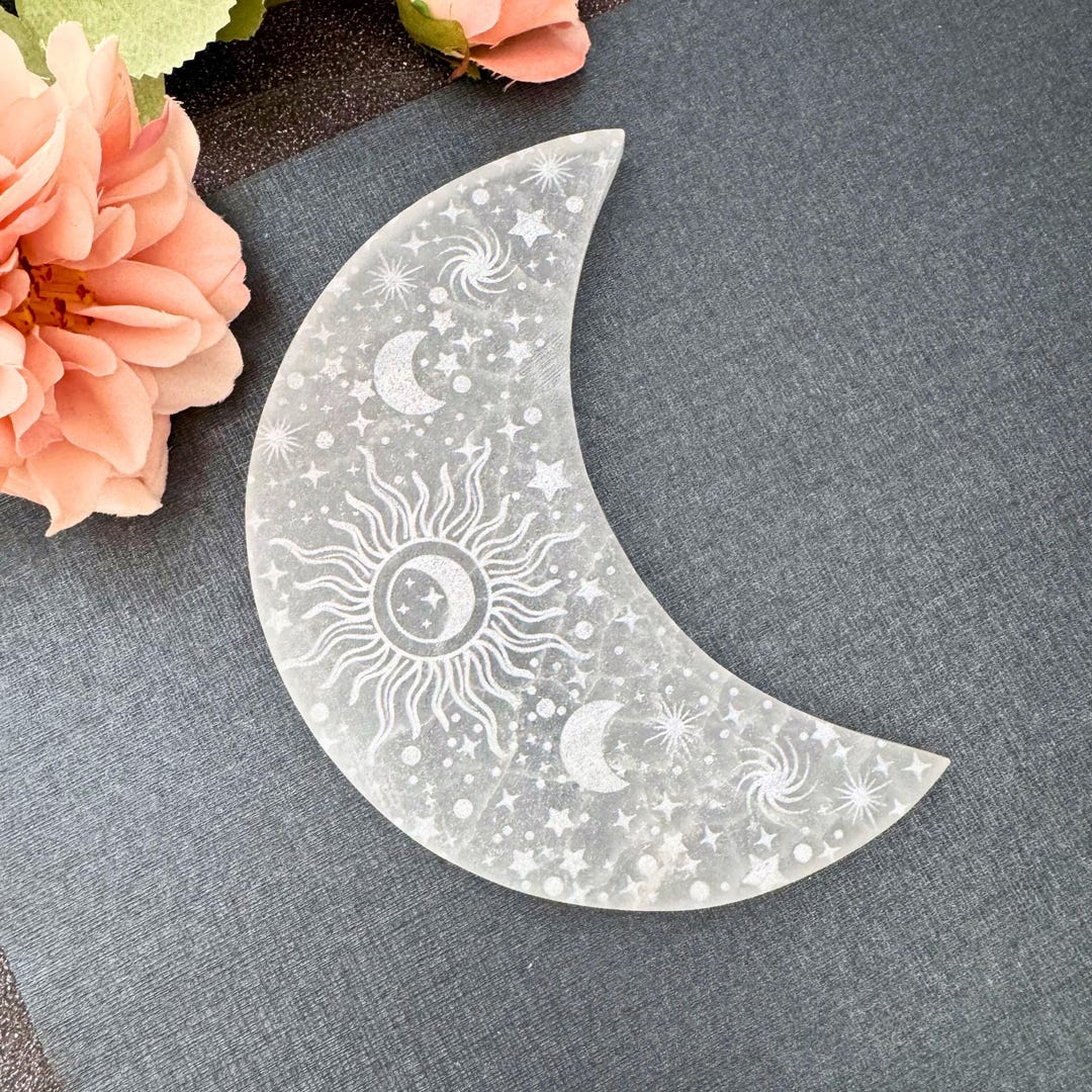 Engraved Selenite Crescent Moon Plate: Celestial Decor, Crystal ...