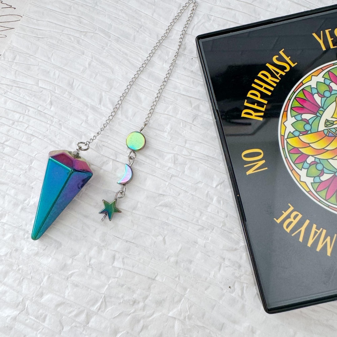 Rainbow Hematite Moon & Stars Pendulum | Hexagonal 6-sided Rainbow ...