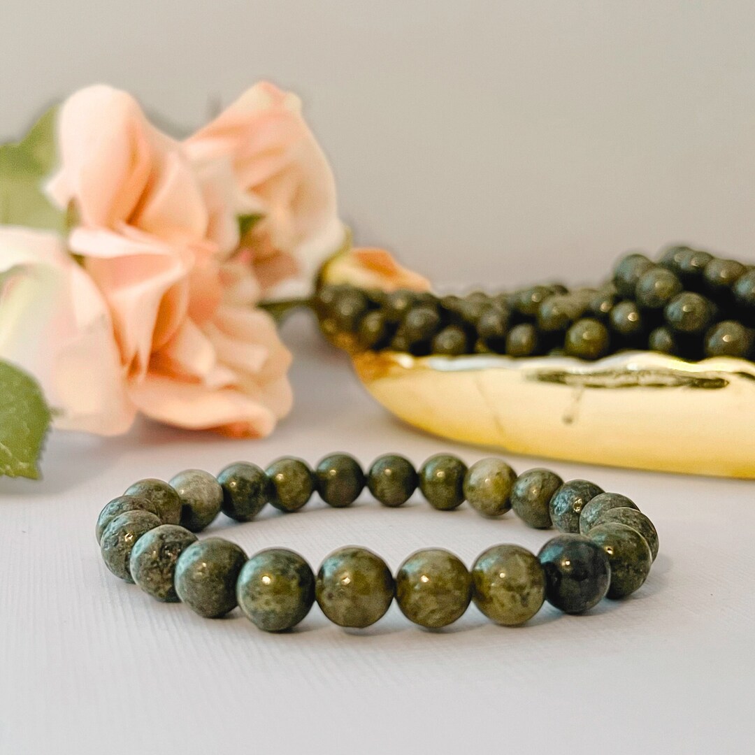 8mm Epidote & Pyrite Beaded Bracelet | Polished Epidote W/pyrite ...