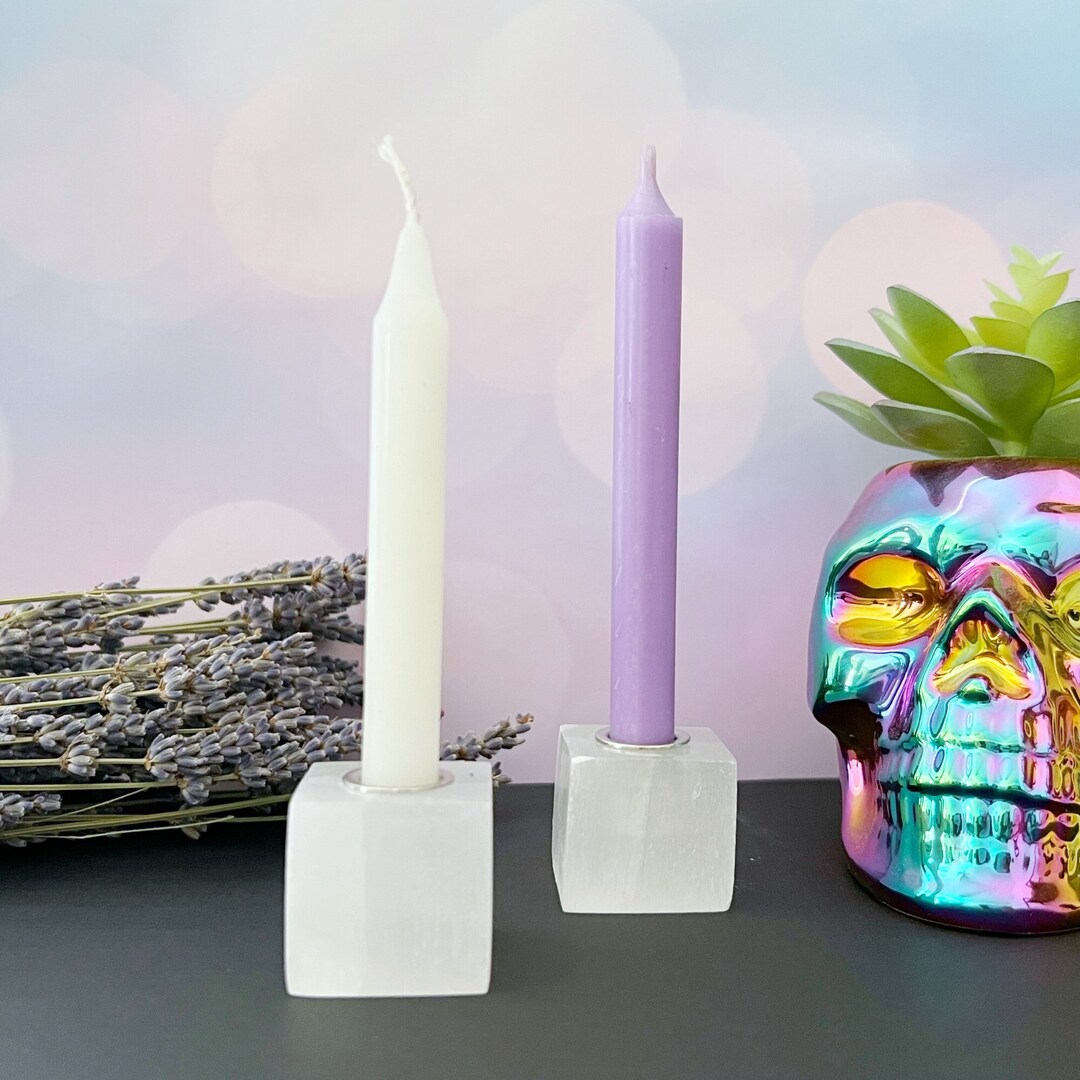 1" Selenite Cube Mini Candle Holder for Ritual Candles, Chime Candle ...