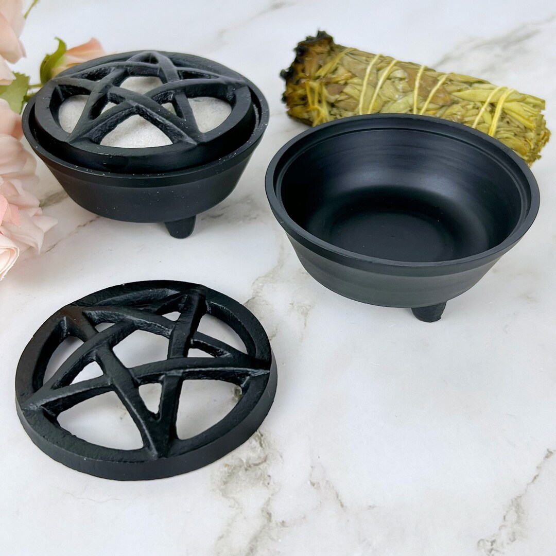 Cast Iron Pentacle Cauldron Kit: Incense Burner Ash Catcher, Quartz ...