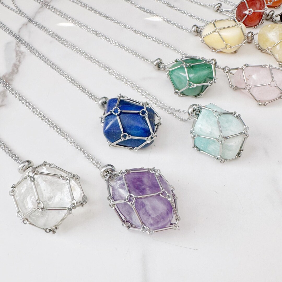 24" Crystal Holder Necklace: Stainless Steel Net Cage, Select Your ...