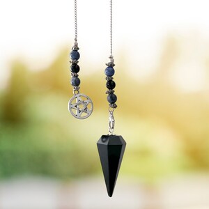 Obsidian Pendulum With Sodalite & Pentacle Charm | Hexagonal 6 Sided Obsidian Dowsing Pendulum ...