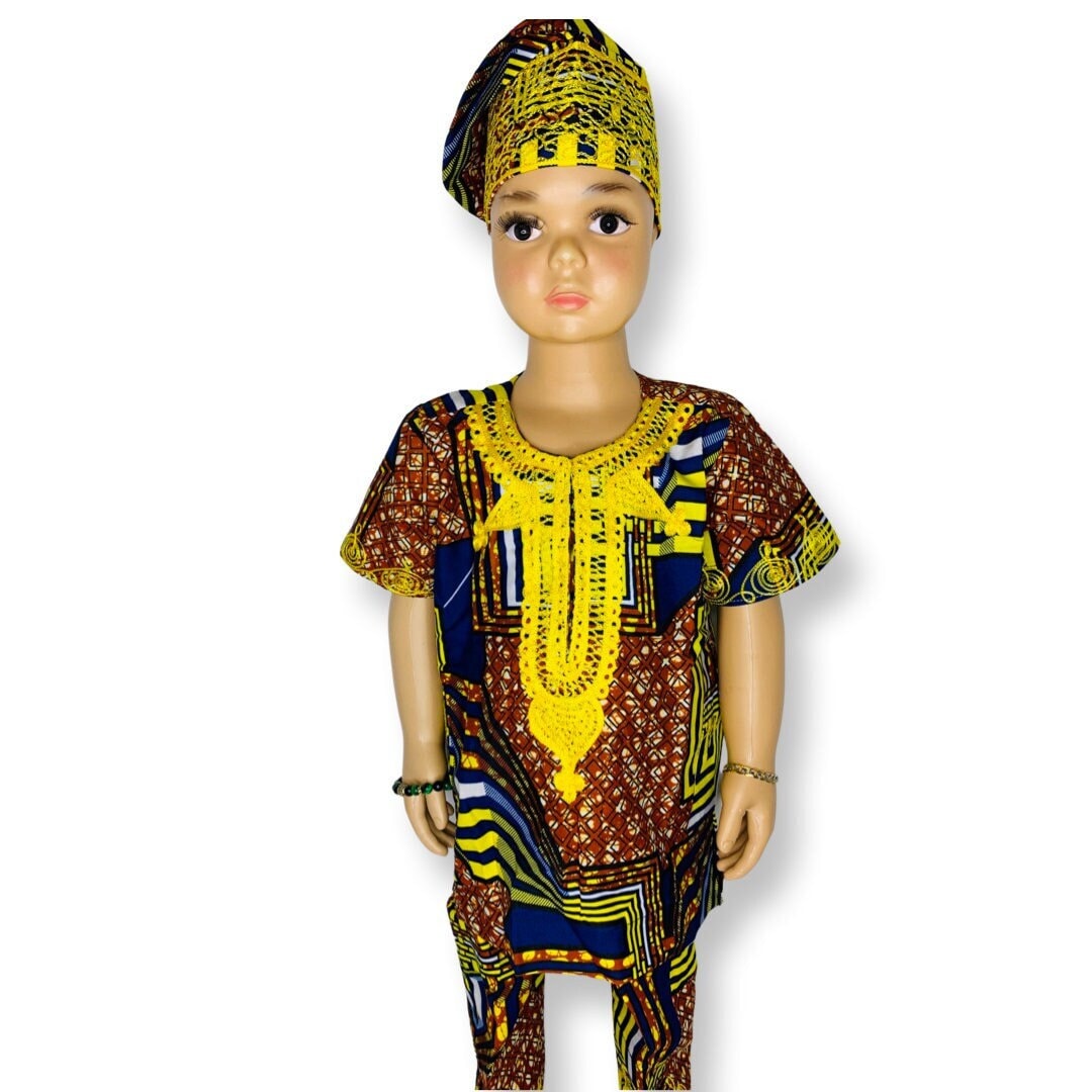 Three-piece Embroidered African Wax Boys' Set cap/top/pants, African ...