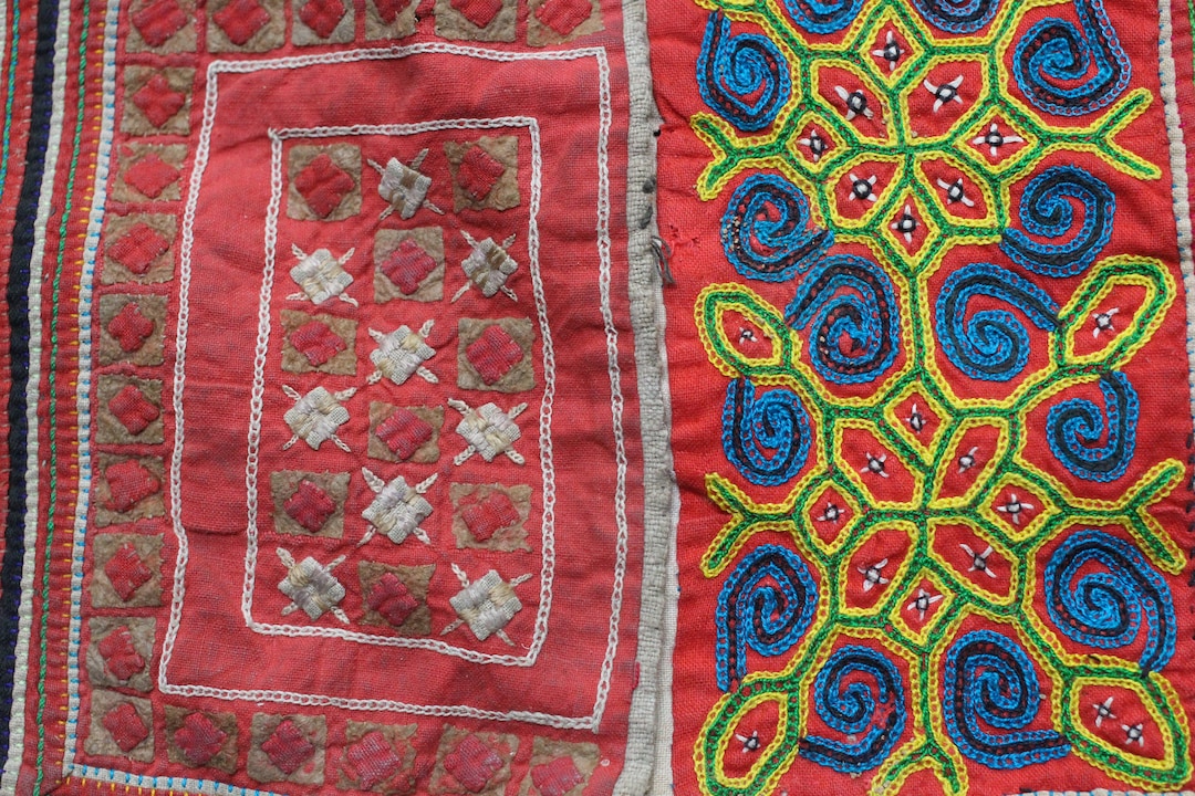 Set of 2 Pieces Vintage Tribal Embroidered Cotton Patch, Handmade Hmong ...