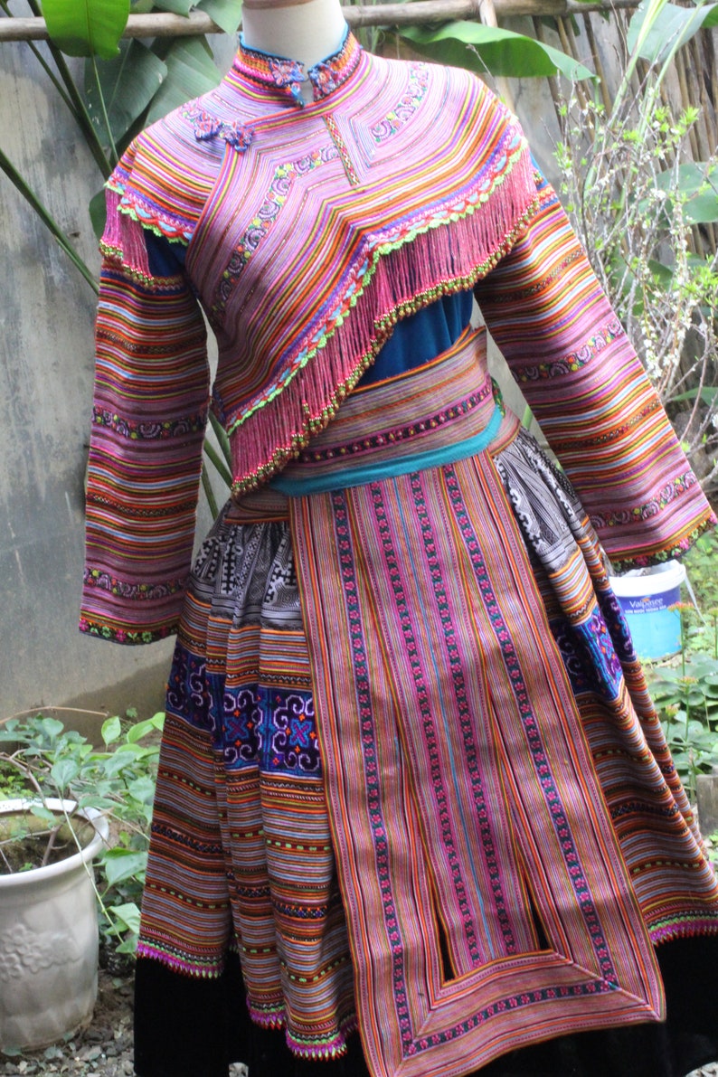 Vintage Hmong Embroidered Outfit: Tribal Costume Jacket, Skirt, Belt ...