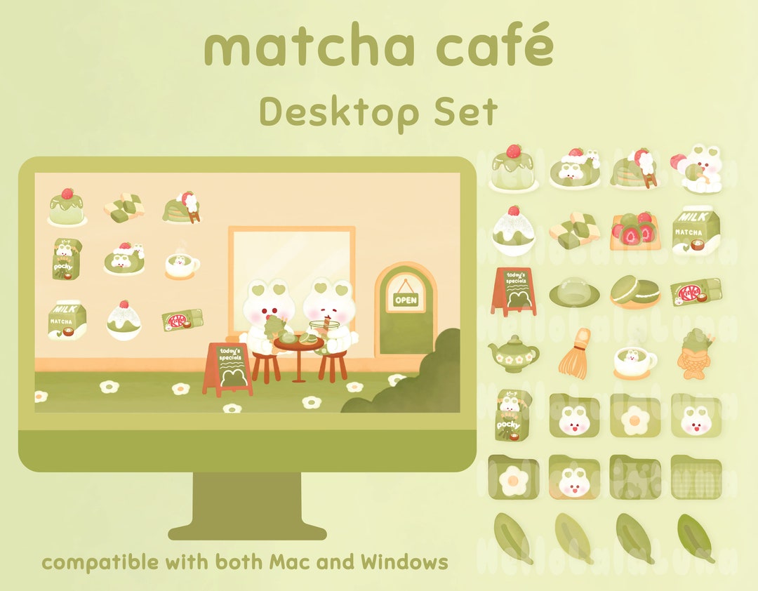 Matcha Café Desktop-set Windows & Mac Wallpaper Kawaii Folder Icons ...