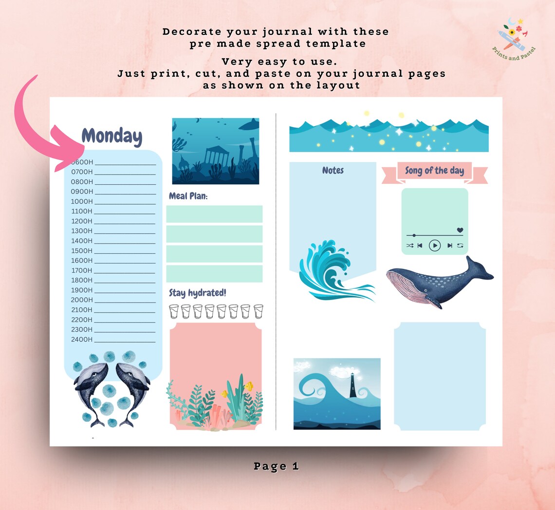 Whale Journal Spread Kit Printable Journal Template Pastel Color Whale ...