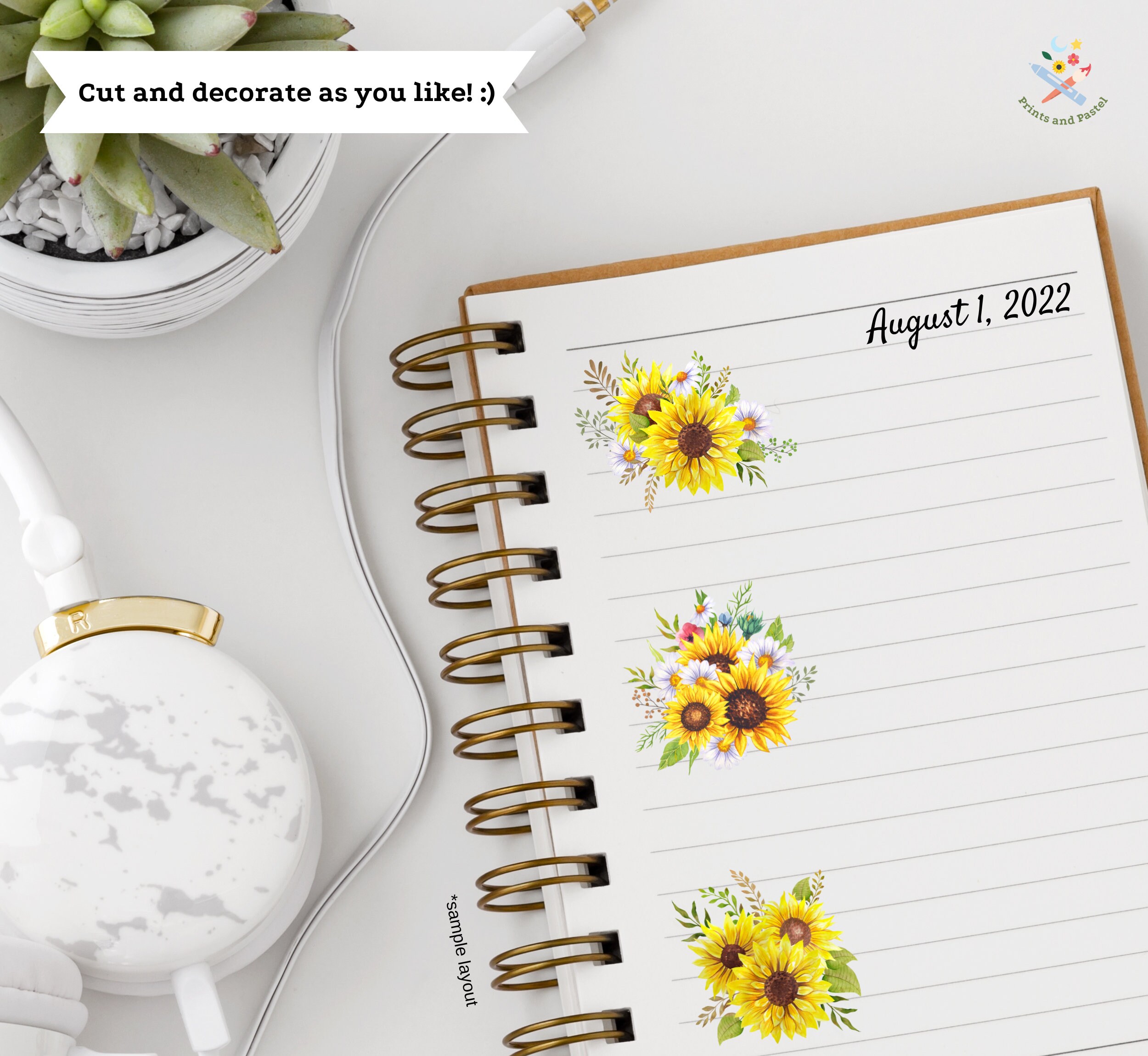 Printable Sunflower Stickers Bullet Journal Stickers Floral Stickers ...