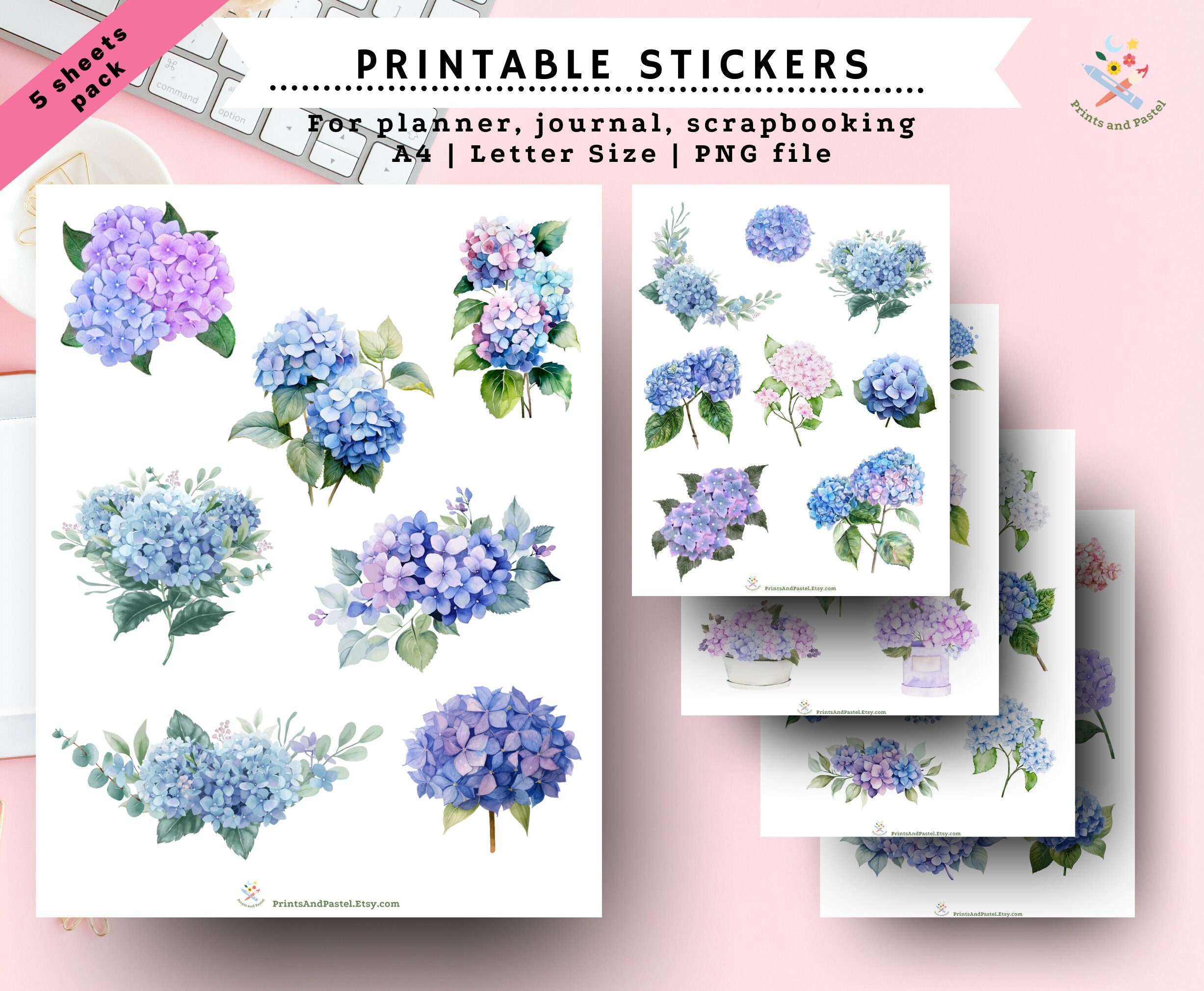 Printable Hydrangea Stickers Watercolor Flowers Bullet Journal Stickers ...