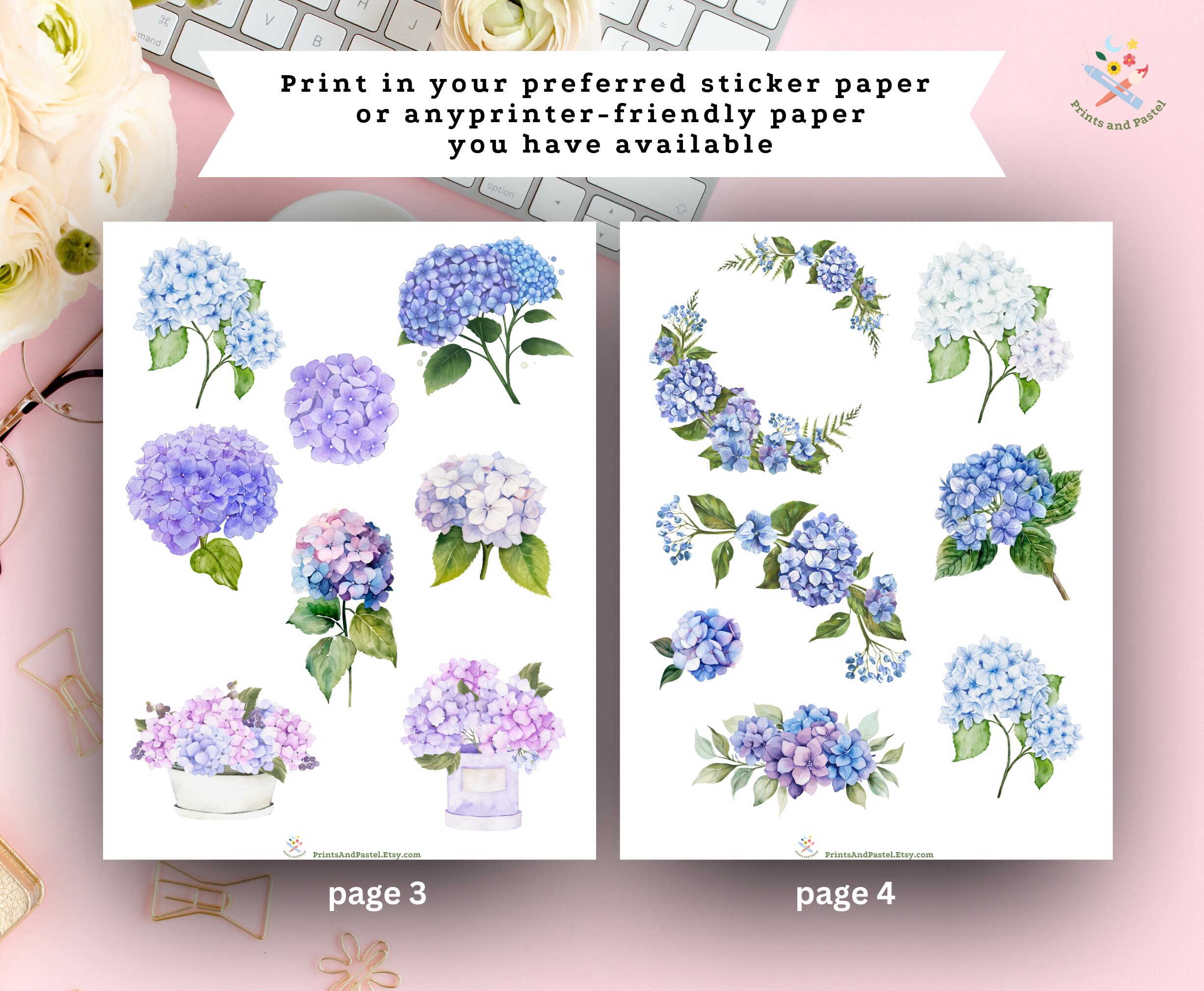 Printable Hydrangea Stickers Watercolor Flowers Bullet Journal Stickers ...