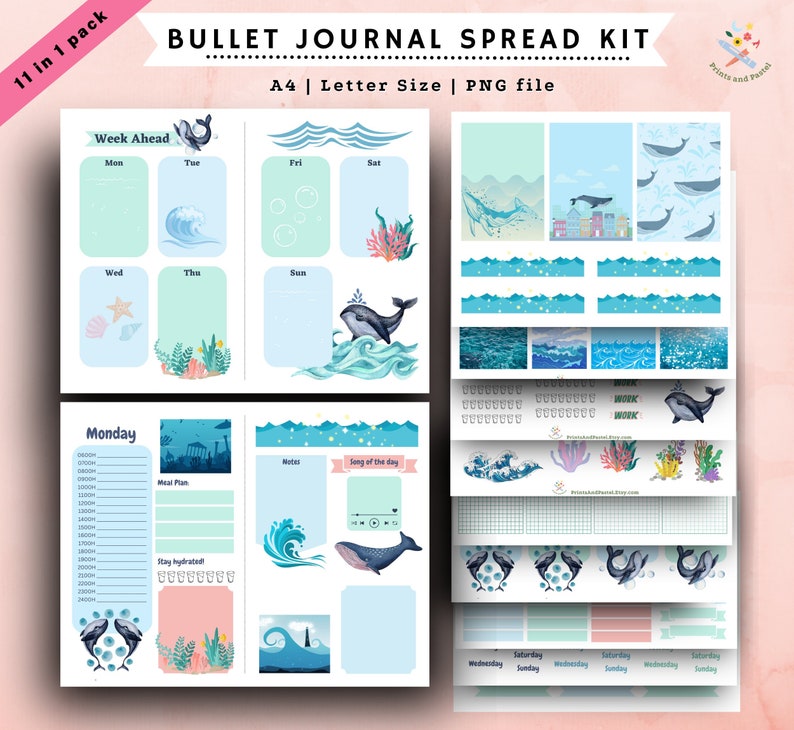 Whale Journal Spread Kit Printable Journal Template Pastel Color Whale ...