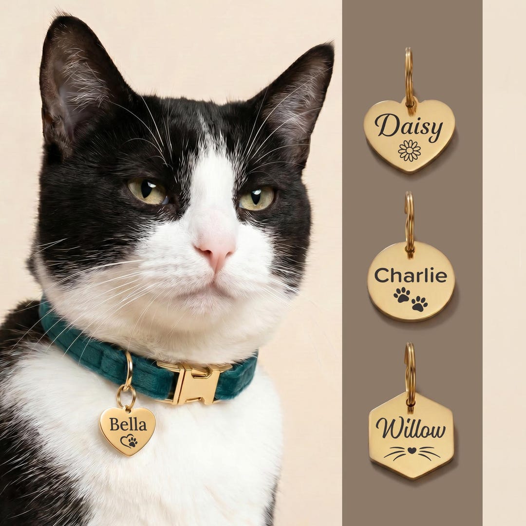 Personalised Cat Name Tag, Engraved Cat Tag, ID Tag for Cats, Custom ...