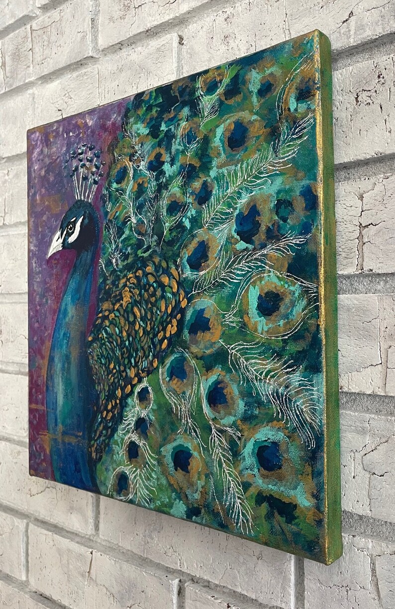 Original Wall Art Gilded Peacock 12x12 Painting - Etsy