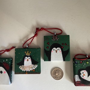 Original Art -, Hand Painted Canvas Christmas Ornament | Penguin in ...