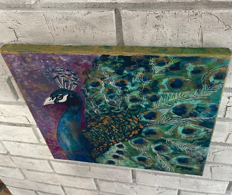 Original Wall Art Gilded Peacock 12x12 Painting - Etsy