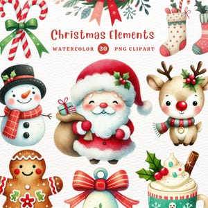 Watercolor Christmas Clipart: Santa, Reindeer, Snowman (30 Pngs ...