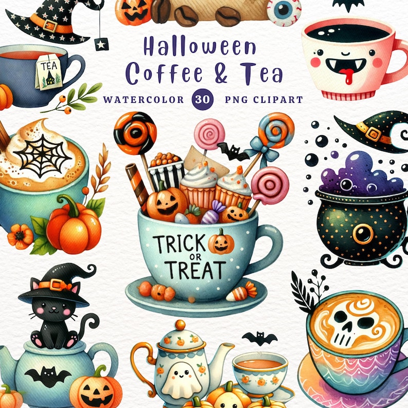 Halloween Coffee & Tea Clipart: Watercolor PNG Bundle (digital Download ...