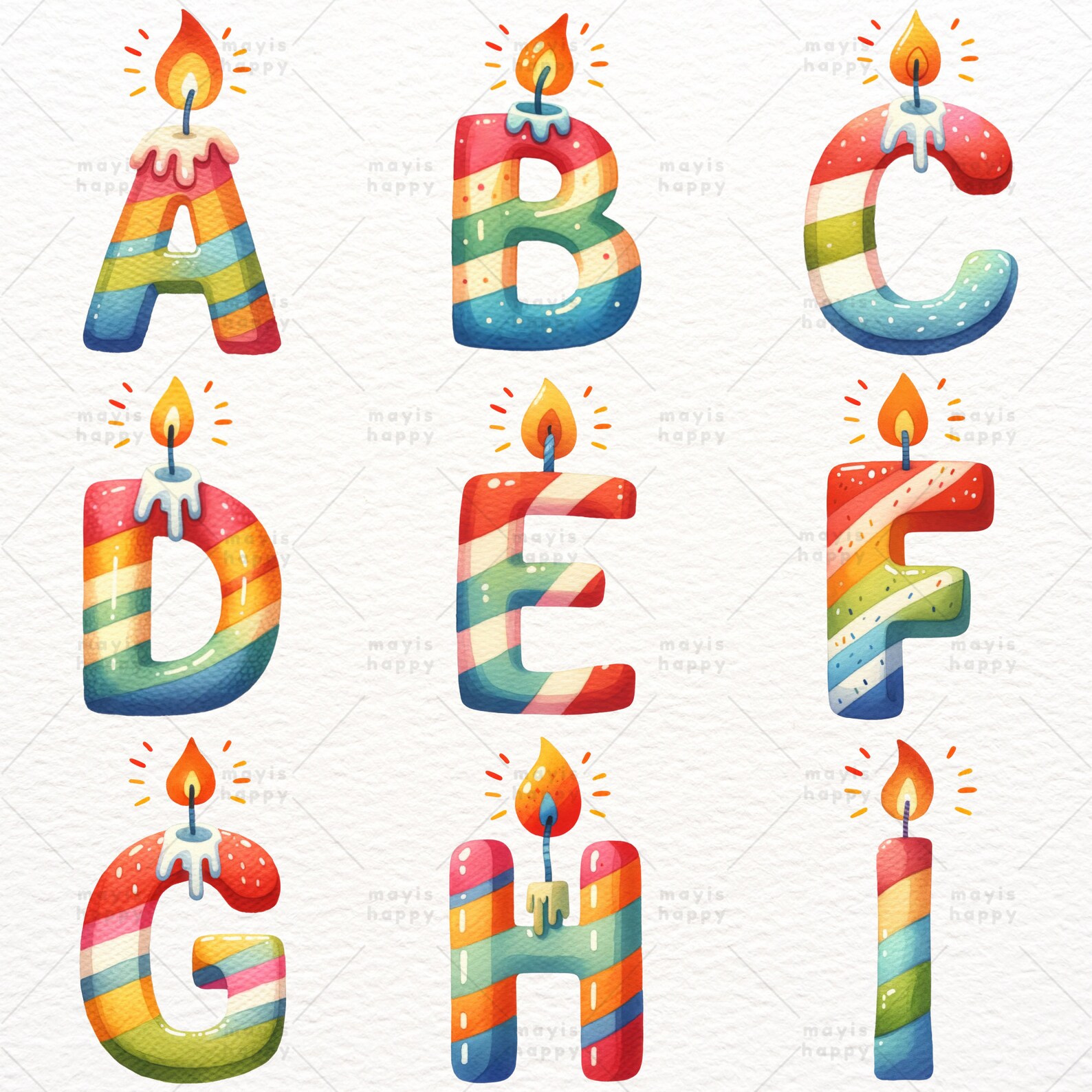 Watercolor Birthday Candle Alphabet Clipart: Transparent PNG (digital ...