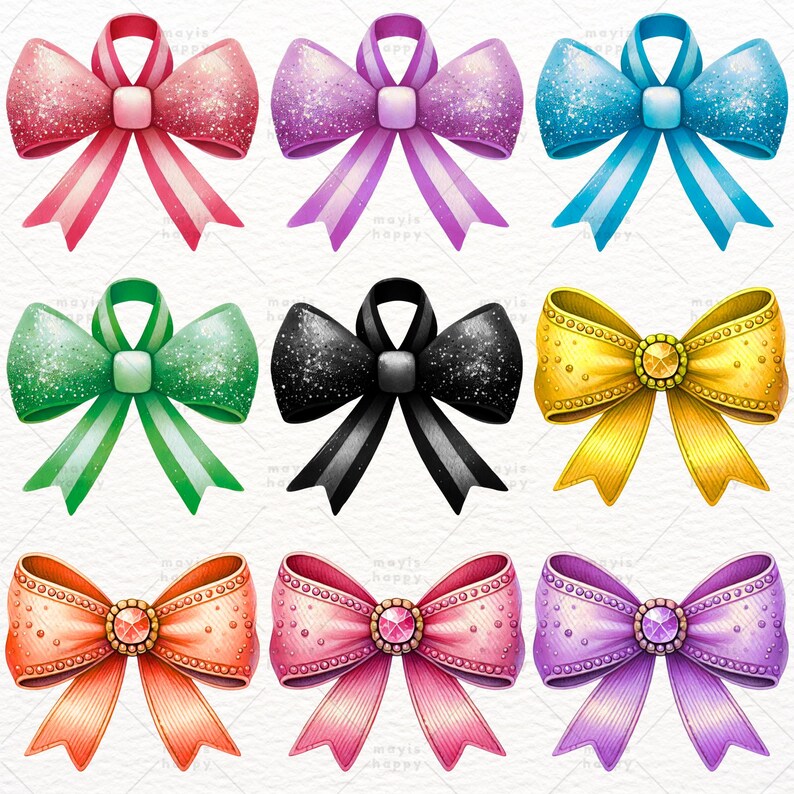 Glitter Ribbon Bow Clipart: Watercolor Girl Bows (PNG) - Etsy
