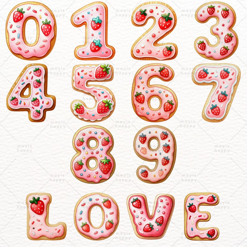 Strawberry Cookie Alphabet Clipart: Valentine Watercolor PNG (digital ...
