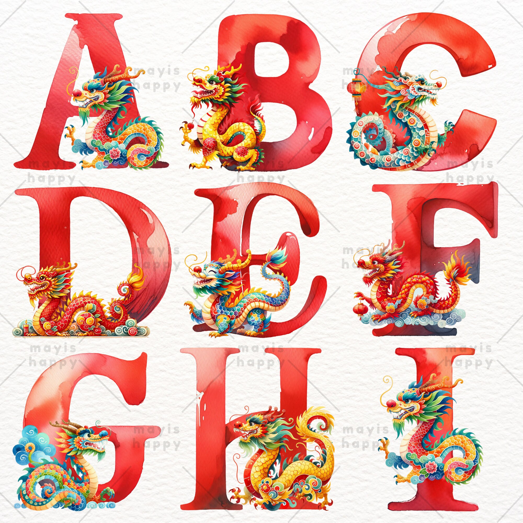 Chinese Dragon Alphabet Clipart: New Year Doodle PNG (digital Download ...