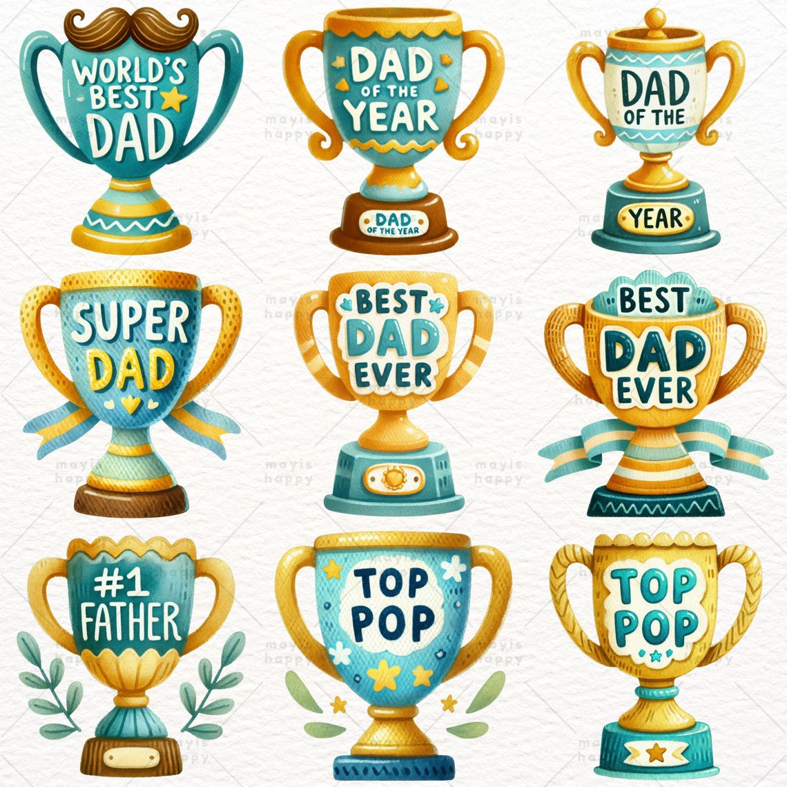 Dad Trophy Watercolor Clipart: Father's Day PNG Bundle (34 Files) - Etsy