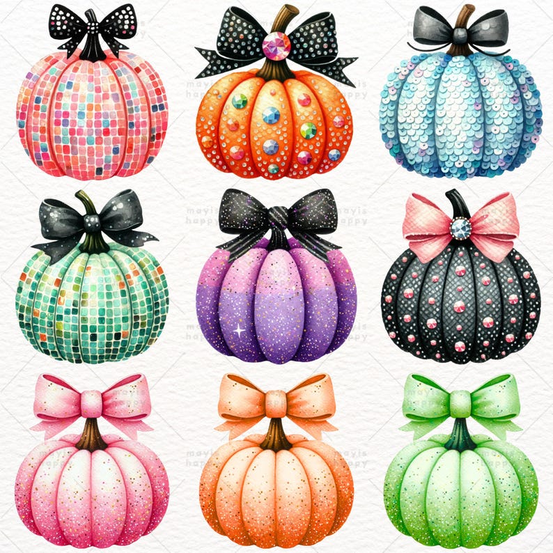 Glitter Pumpkin Watercolor Clipart: Disco Autumn Theme (PNG, PDF) - Etsy